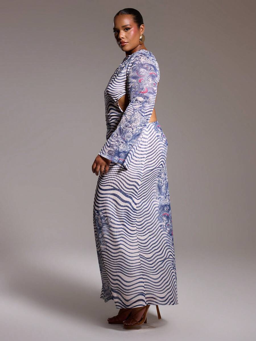 MUSERA Plus Abstract Print Cut Out Side Long Sleeve Maxi Dress Sexy ...