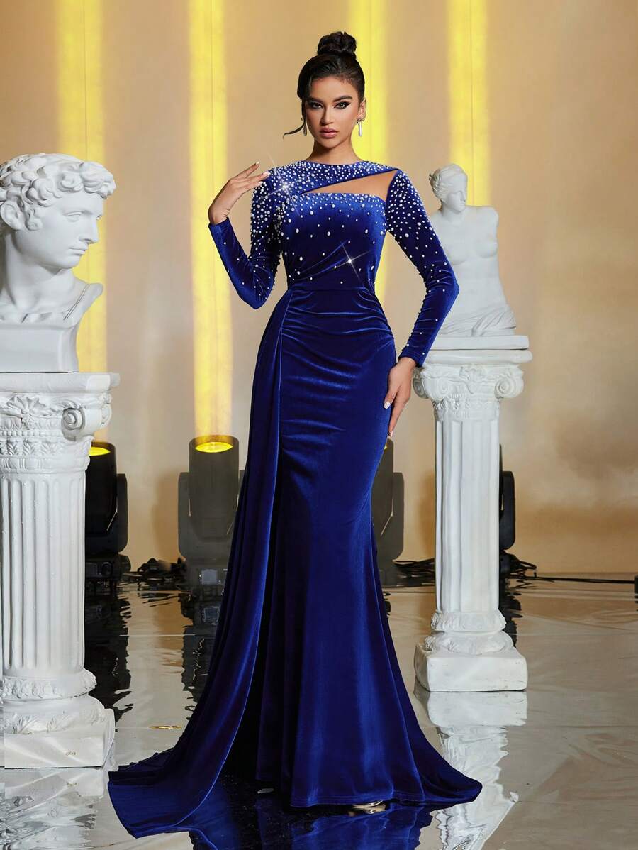 Glamrae Elegant Navy Blue Velvet & Mesh Hollow Out Beaded Gradient ...