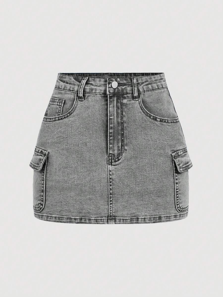 SHEIN MOD Women's Casual Street Style Solid Color Flap Pocket Denim ...