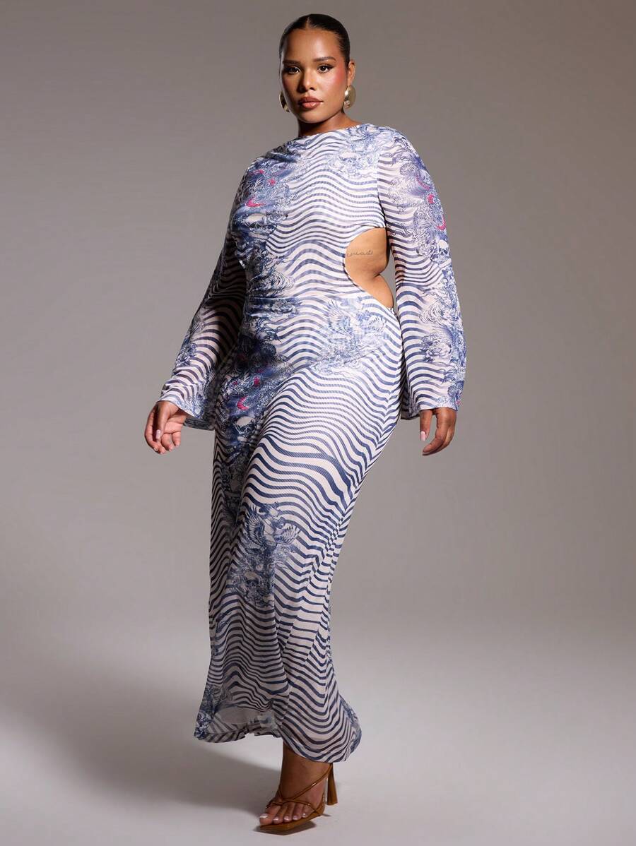 MUSERA Plus Abstract Print Cut Out Side Long Sleeve Maxi Dress Sexy ...