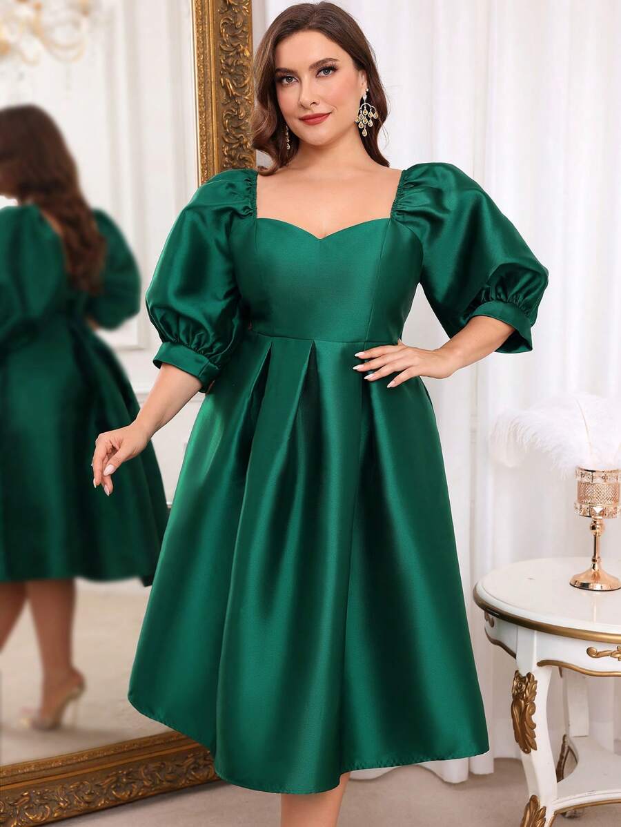 SHEIN Belle Plus Size Green Sweetheart Neck Puff Sleeve Maxi Elegant ...