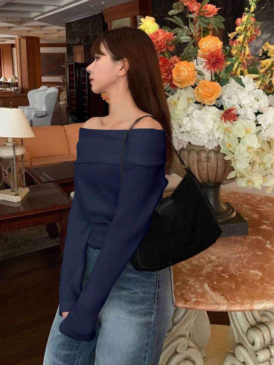 DAZY Women's Solid Color Off Shoulder Off Shoulder Knit T-Shirt | SHEIN USA