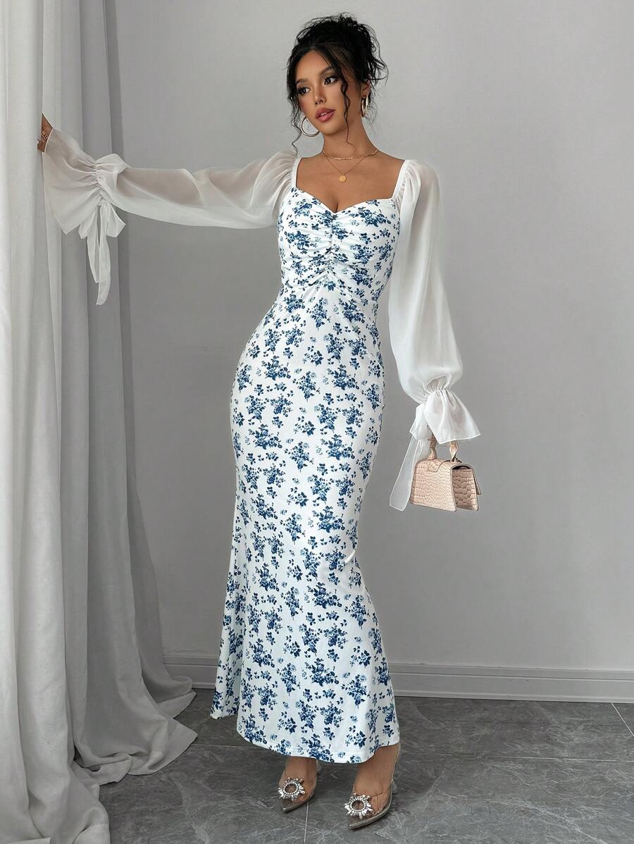 SHEIN Raffinéa Ditsy Floral Ruffle Splice Long Dress With Fish-Tail Hem ...