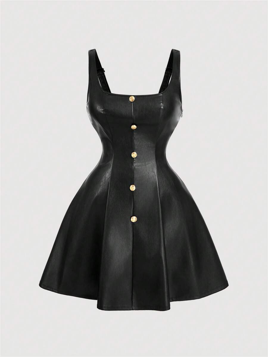 SHEIN MOD Plus Size Summer Black PU Front Metal Button Slip Dress, Back ...
