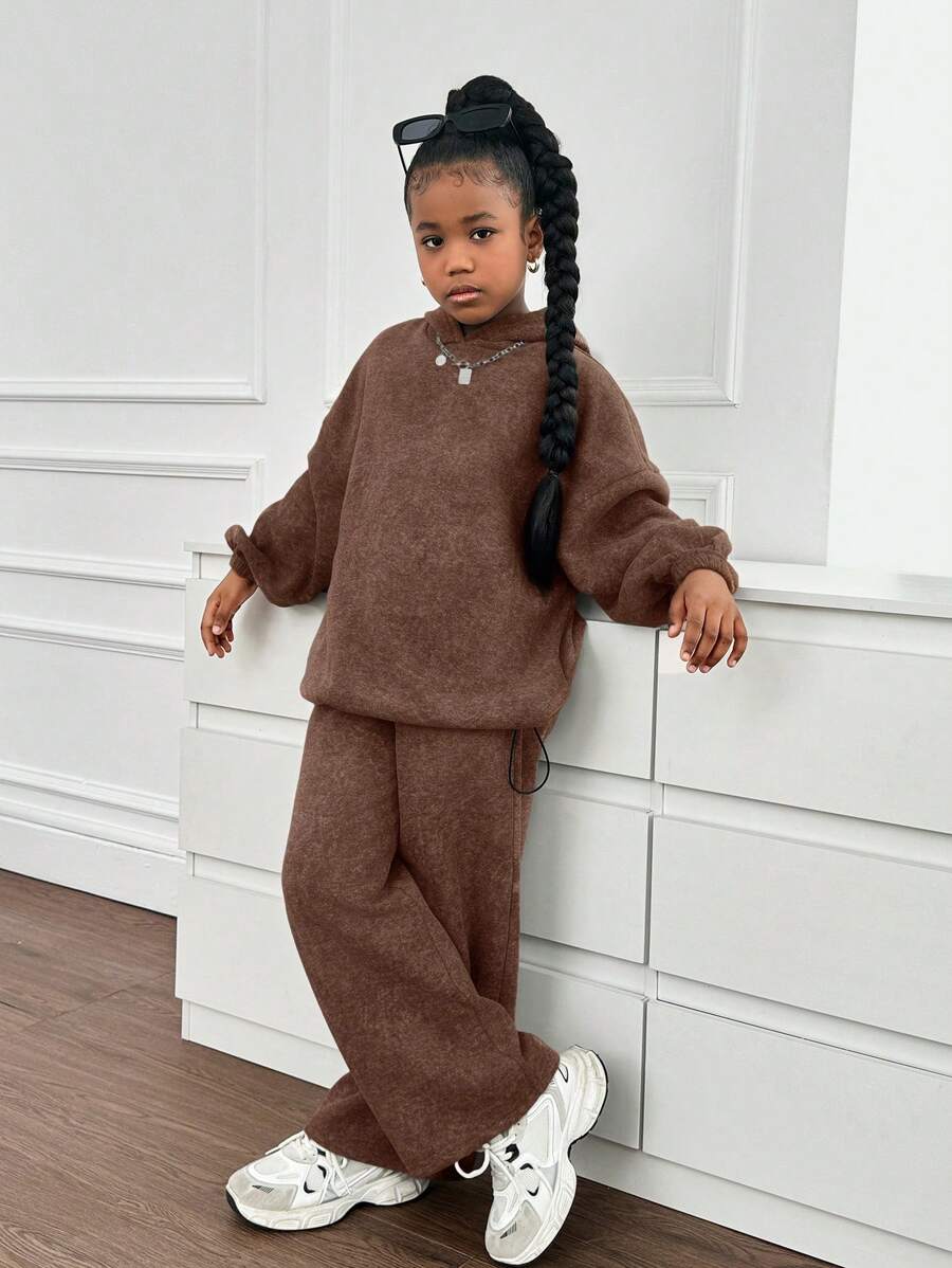 SHEIN Tween Girls Fleece Warm Loose Drop Shoulder Hoodie & Wide Leg ...
