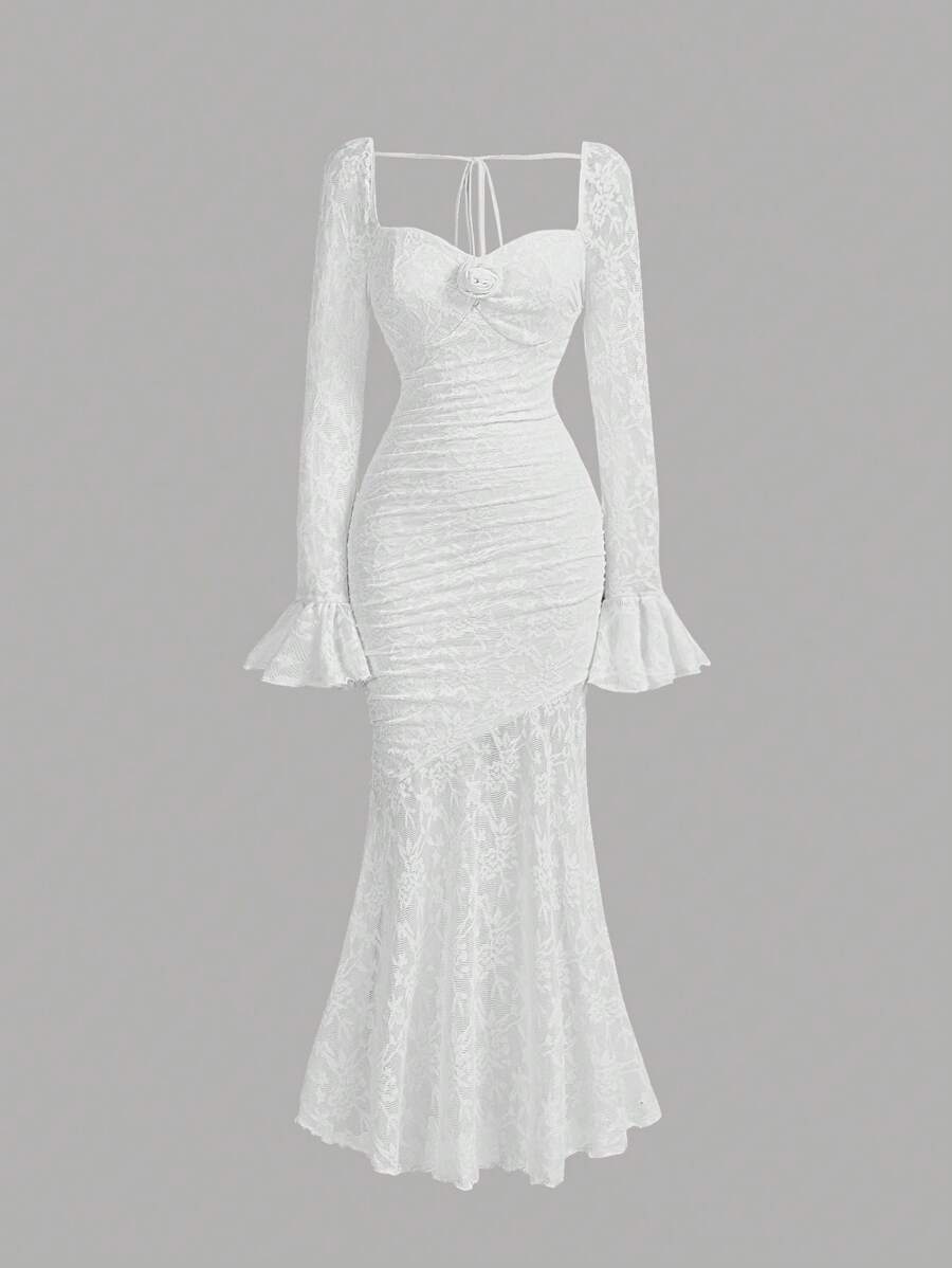 SHEIN MOD Vintage Romantic Jacquard 3D Floral Long Sleeve Bodycon Mermaid Dress For Women,Tea ...