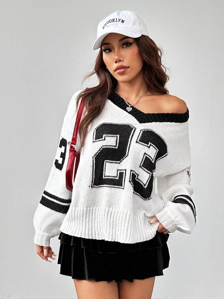 SHEIN PETITE Black And White Number Star Pattern Jersey-Shaped Sweater ...