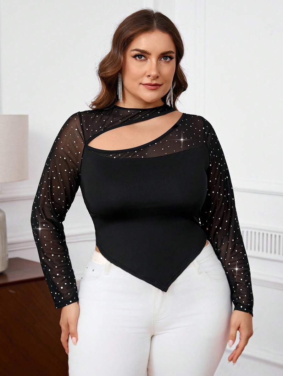 SHEIN Privé Plus Size Women Sequin Black Mesh Cutout Asymmetric Long ...