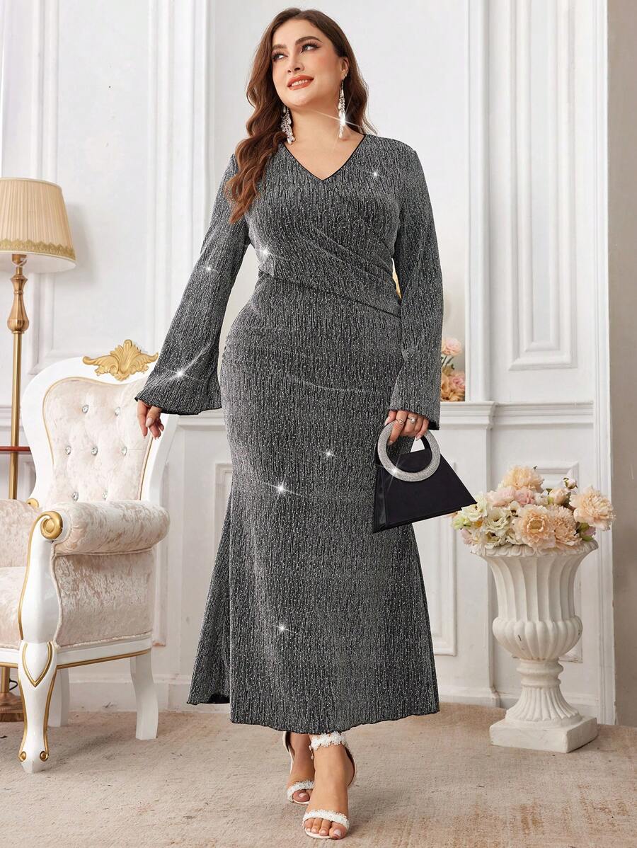 Modelyn Plus Size Women V-Neck Bell Sleeve Rhinestone Embellished Bodycon Dress Maxi Women ...