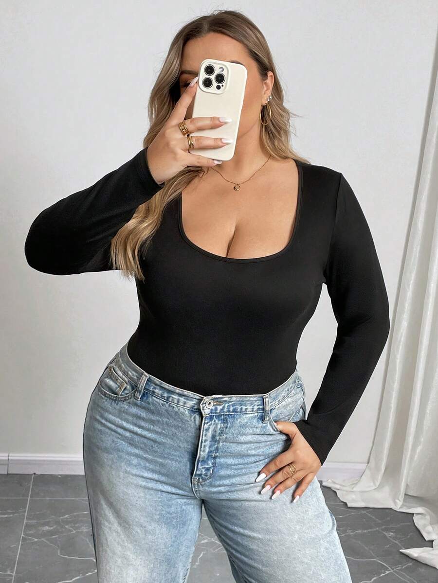 SHEIN CURVE+ Plus Size Plain Crew Neck Tight Fitting Sexy Long Sleeve ...