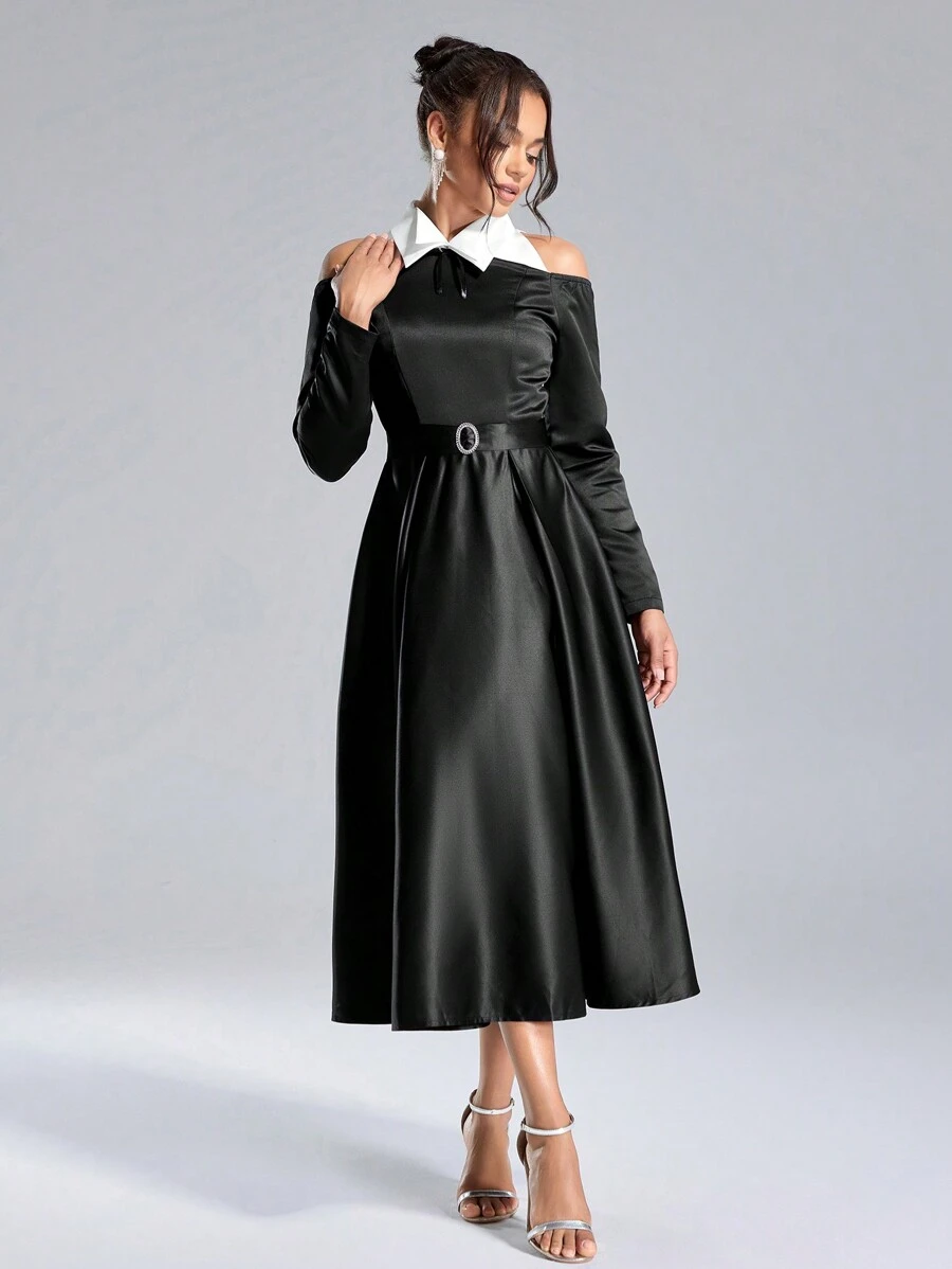 SHEIN Belle New Elegant Waist-Cinched Long Sleeve Collared Little Black ...