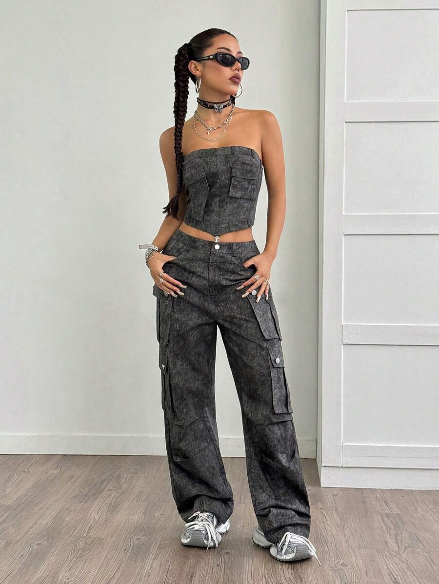 StreetHx 2pcs Women's Fashion Sexy Distressed Tube Top & Cargo Pants ...