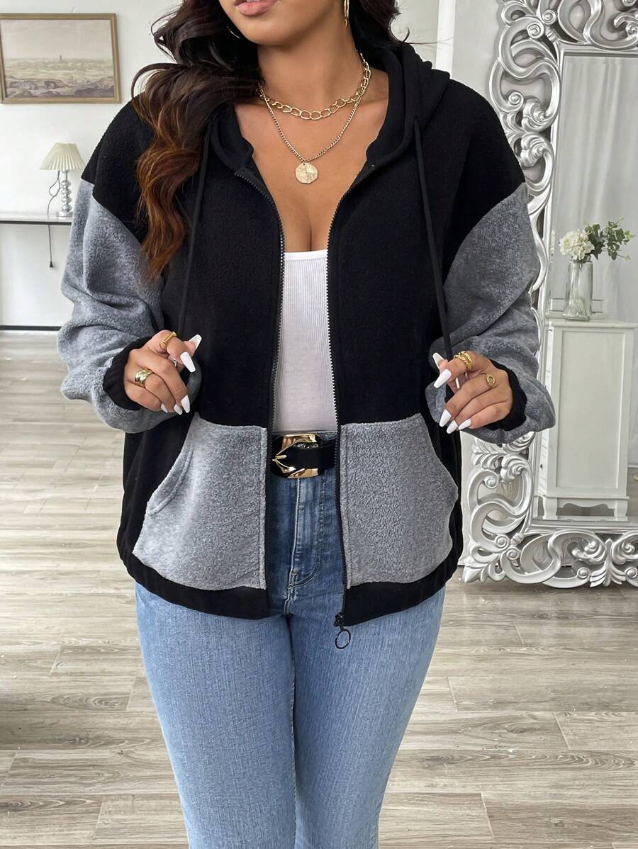 SHEIN LUNE Plus Size Women Contrast Color Drop Shoulder Long Sleeve Zip Front Hooded Jacket For ...