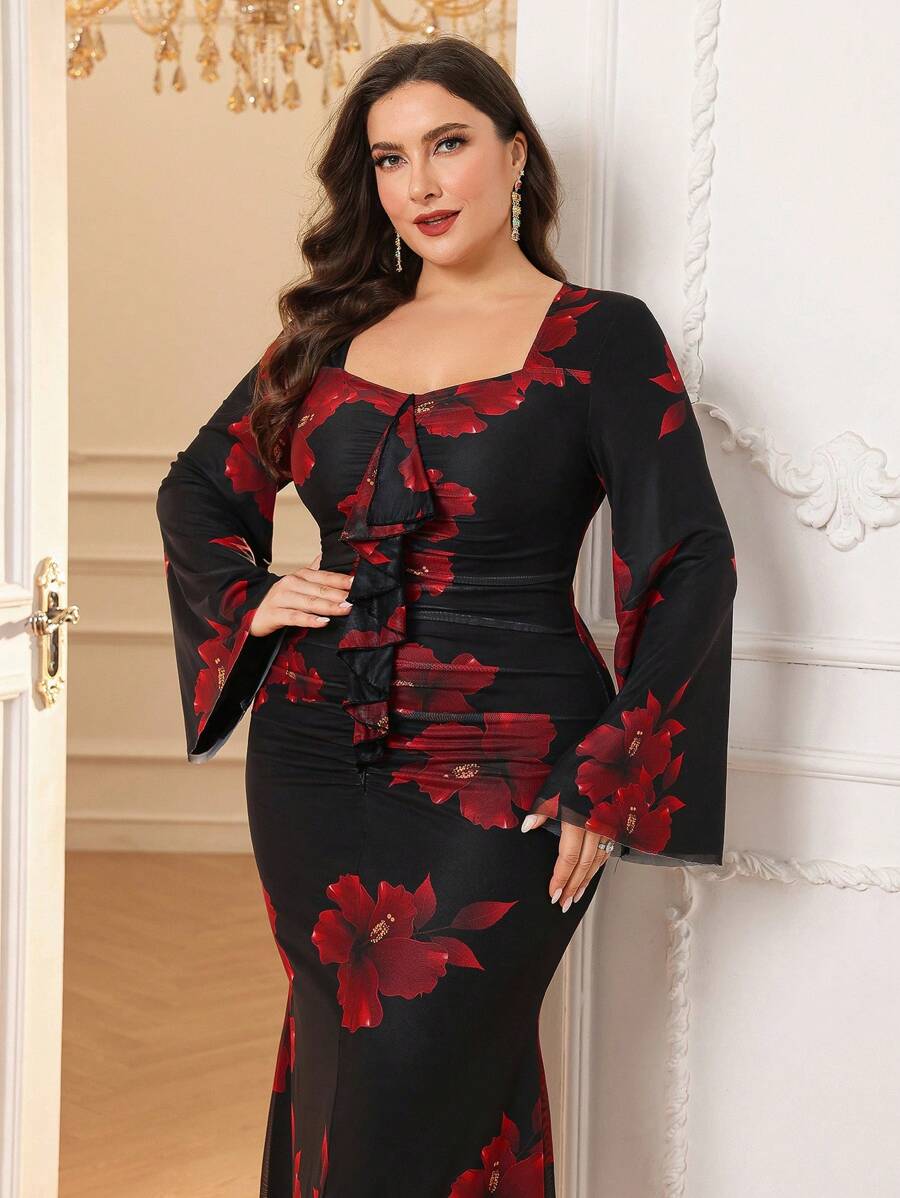 Modelyn Plus Size Elegant Floral Print Sweetheart Neck Ruffle Bell Sleeve Dress, Autumn Long ...