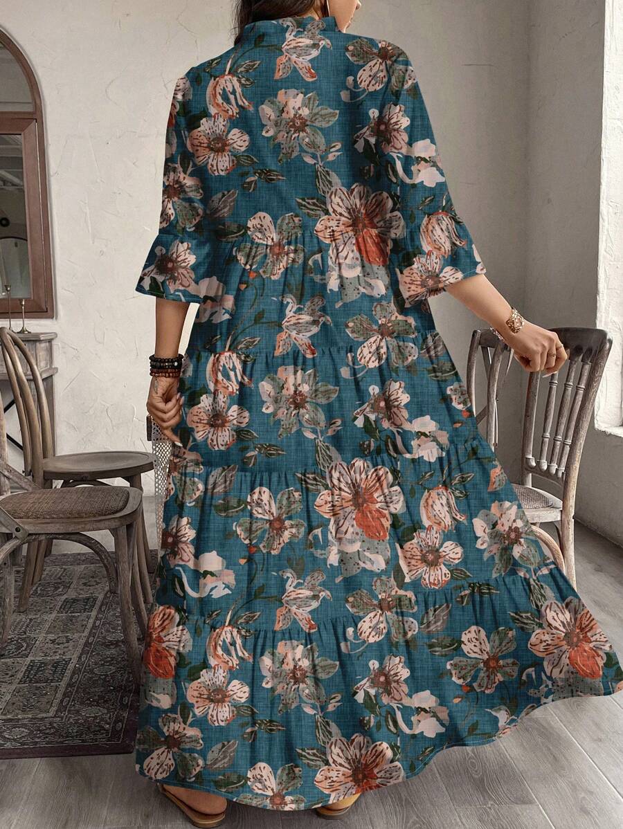 EMERY ROSE Casual Elegant Retro Floral Print Stand Collar 3/4 Sleeve Loose Plus Size Dress ...