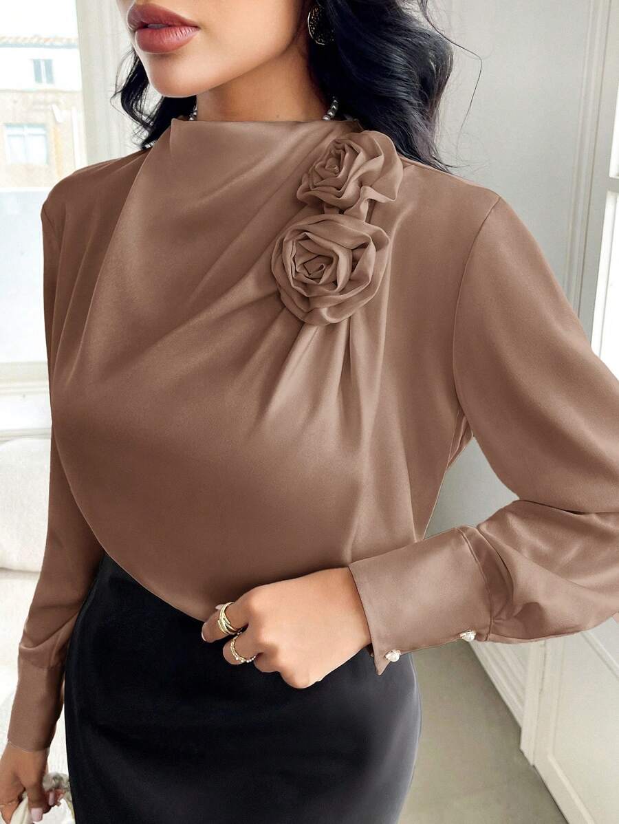 Modelyn Women's Solid Color 3D Floral Decor Long Sleeve Casual Blouse | SHEIN USA