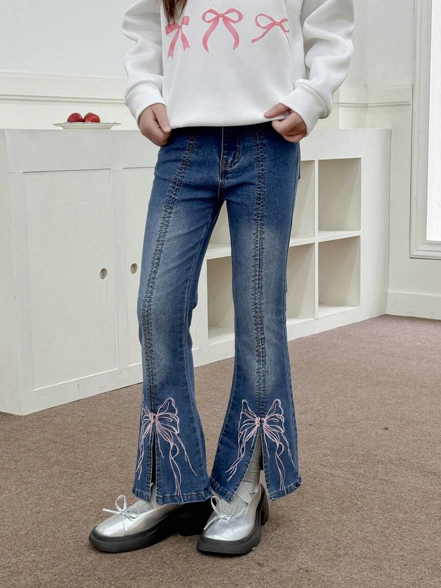 Bow Embroidered Side Split Bell-Bottom Jeans, Retro Flare Jeans For ...