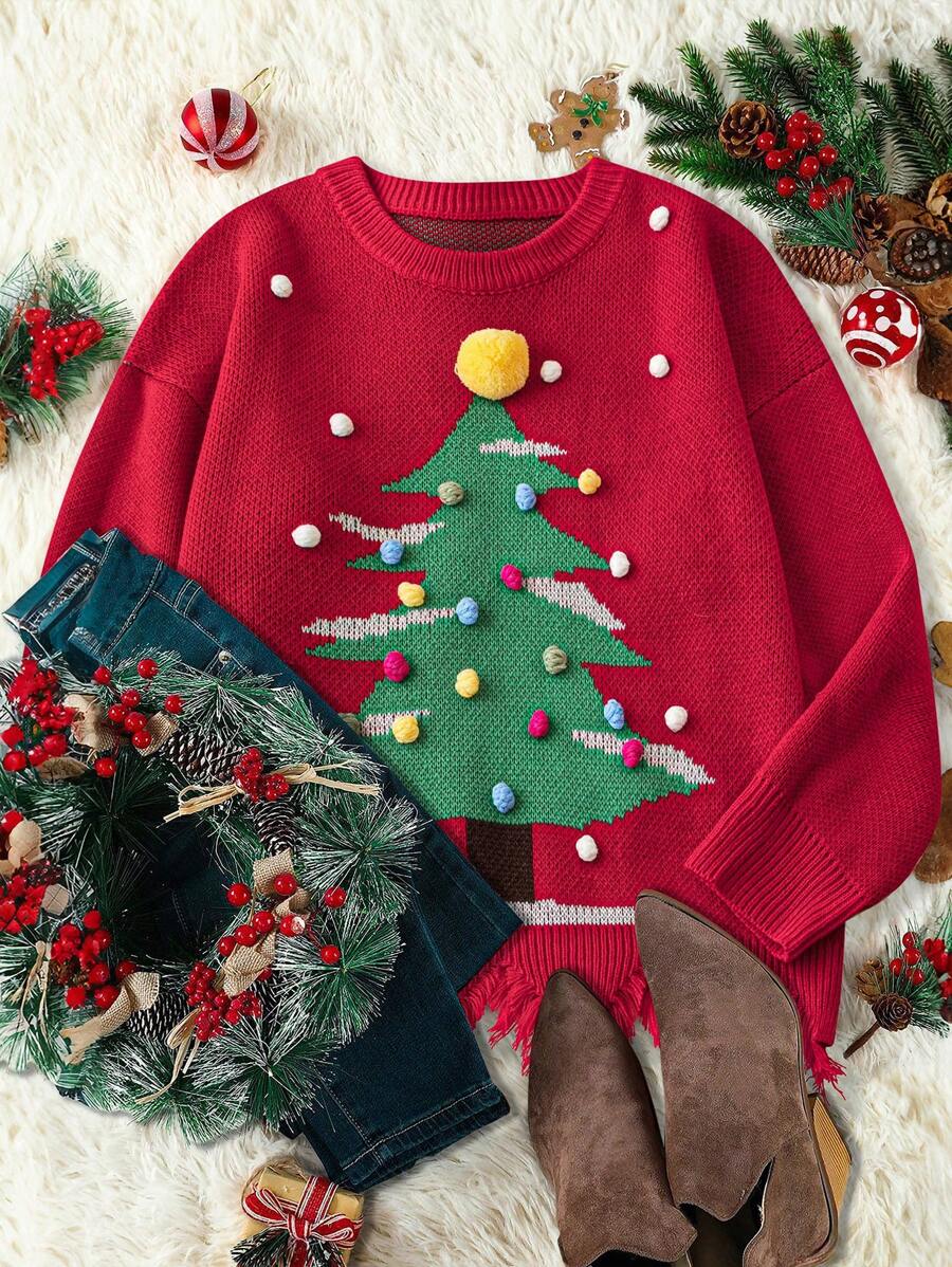 Flirla Damen Große Größen handgefertigter Pullover mit Weihnachtsbaum ...