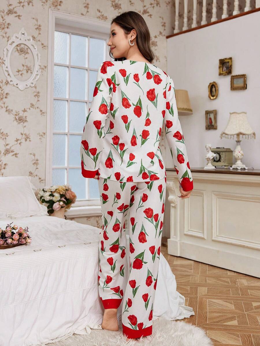 CottageSlumber Flower Ruffle Puff Romantic Tie-Up Women Pajama Set ...