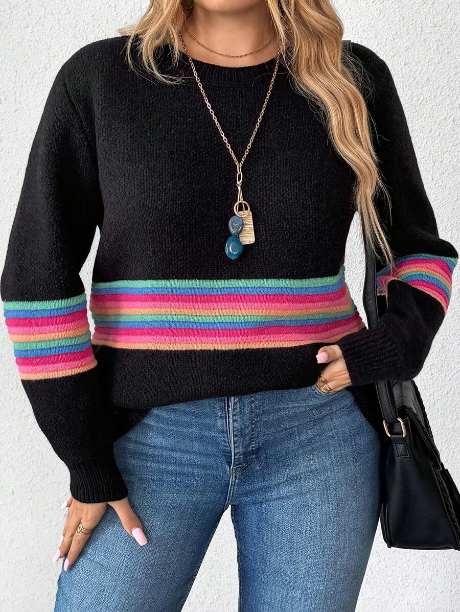 Plus Size Women's Striped Crew Neck Long Sleeve Casual Knitted Sweater ...