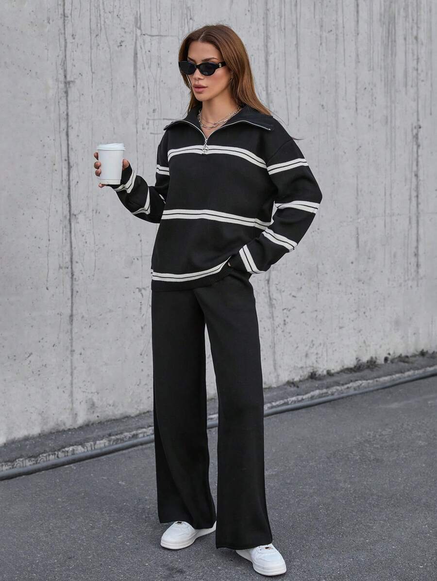 SHEIN Polo Neck Zipper Pullover Pant Knit Set | SHEIN USA
