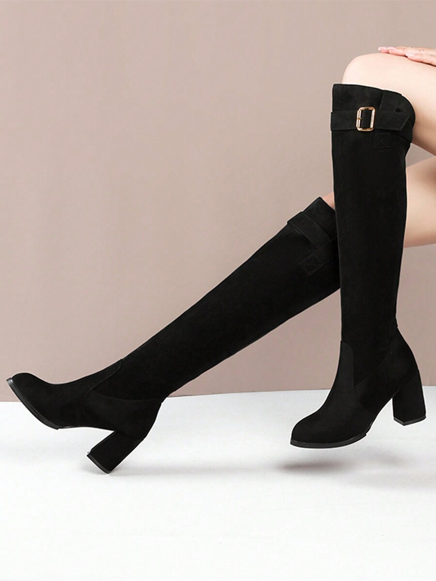 Slip-On Fashion Elastic Chunky Heel Tall Boots For Teenager, Versatile ...