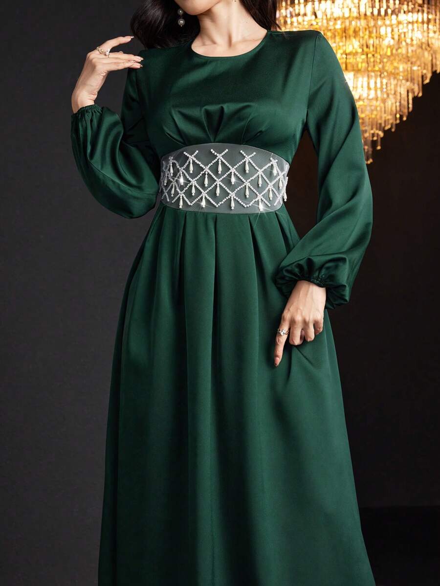 Modelyn Elegant Crystal Decor Cinched Waist Lantern Sleeve Dress, Autumn Long Evening Dresses ...