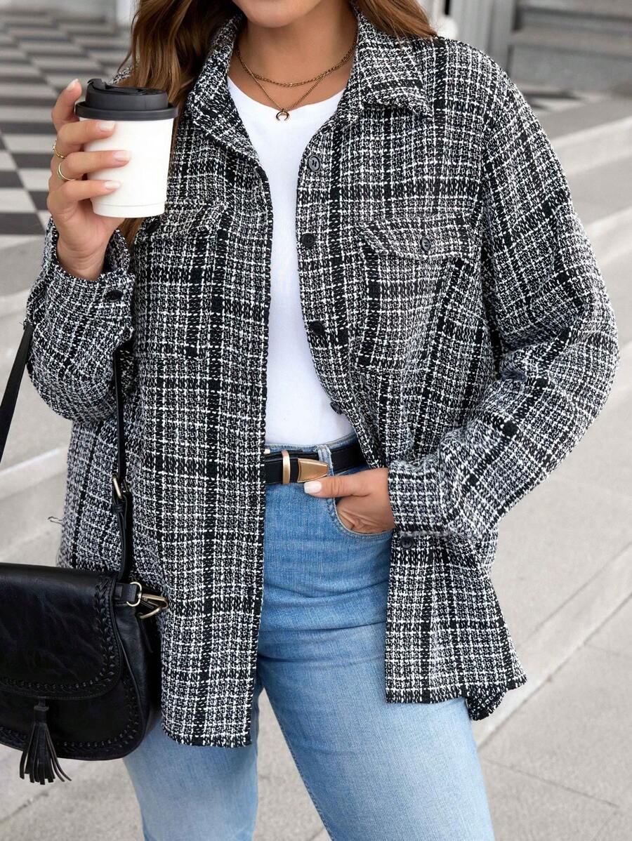 SHEIN LUNE Plus Size Casual Checkered Print Long Sleeve Loose Jacket ...