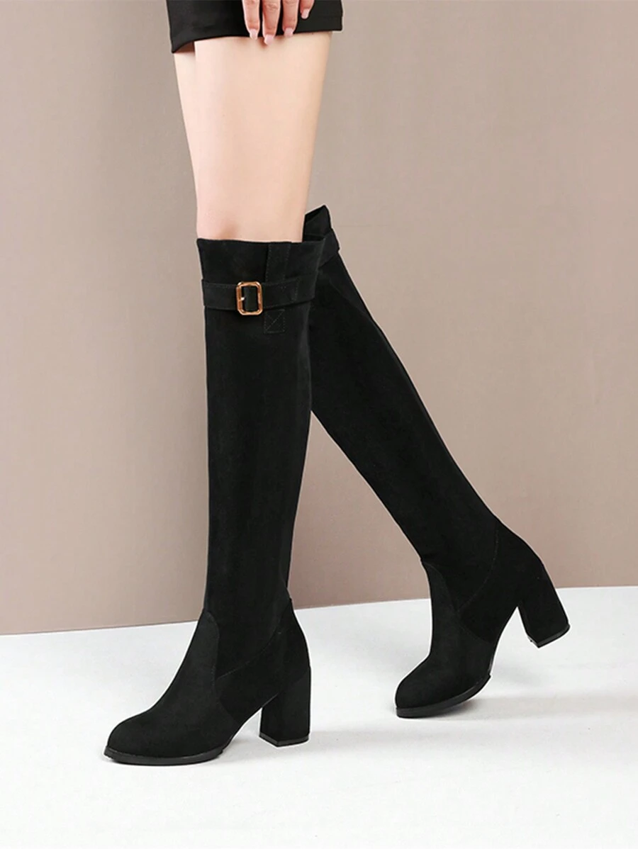 Slip-On Fashion Elastic Chunky Heel Tall Boots For Teenager, Versatile ...