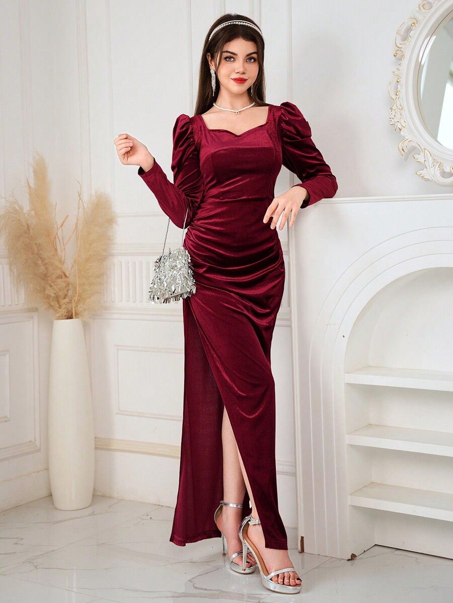 SHEIN Robe de soirée élégante à manches longues fendue en velours, nouveau style automne-hiver ...