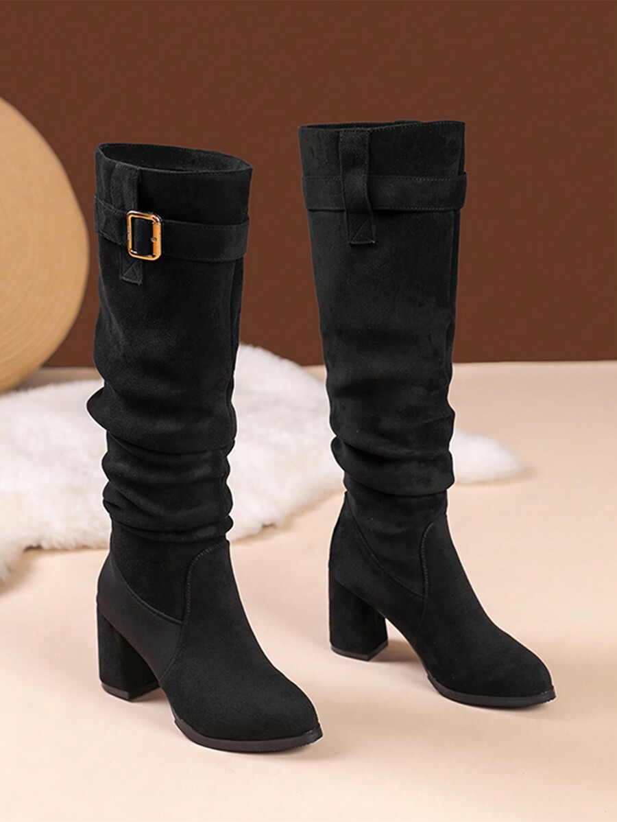 Slip-On Fashion Elastic Chunky Heel Tall Boots For Teenager, Versatile ...