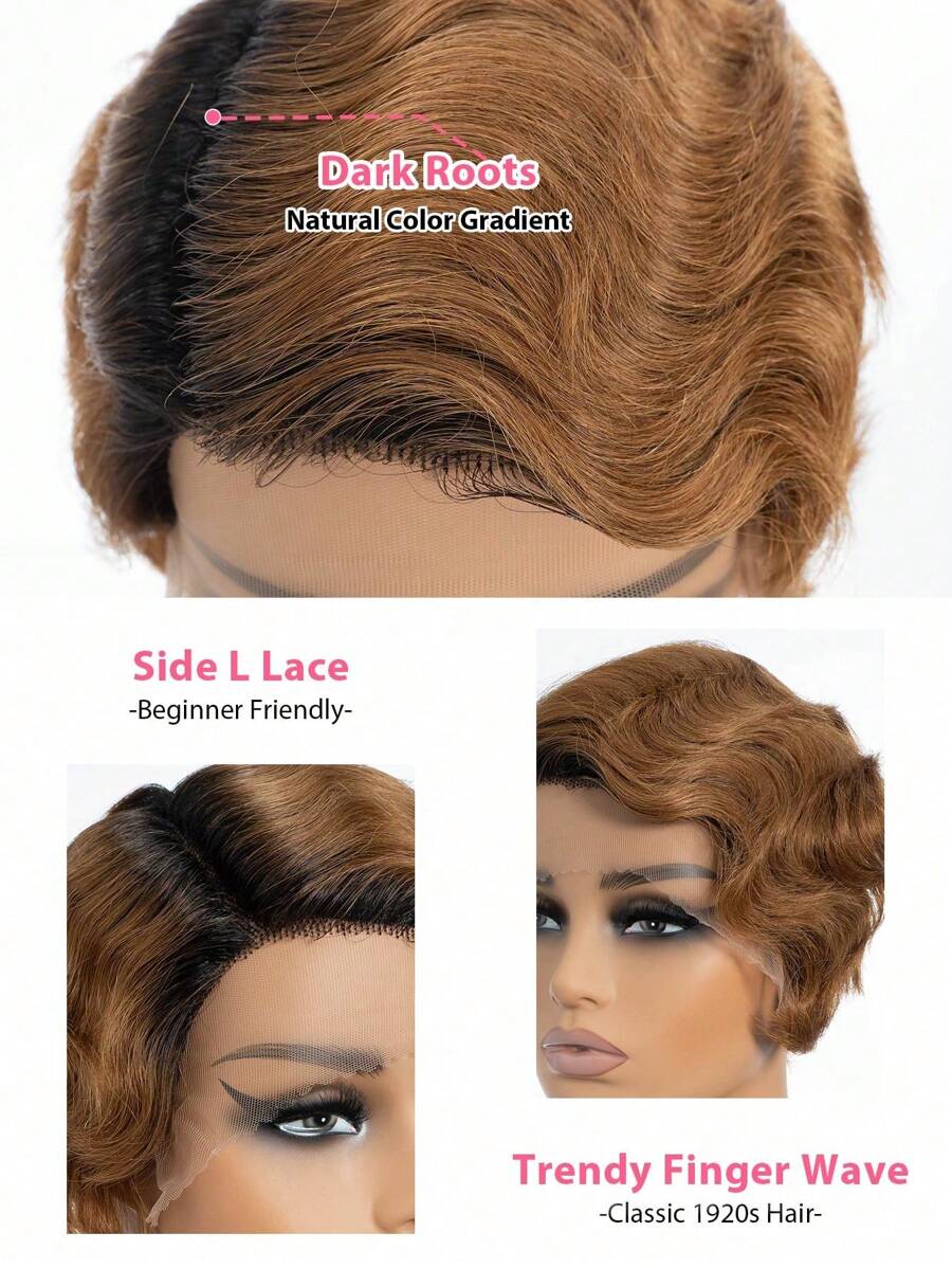 Brown Ombre Pixie Cut Lace Front Wig Human Hair Short Finger Wave Wig ...