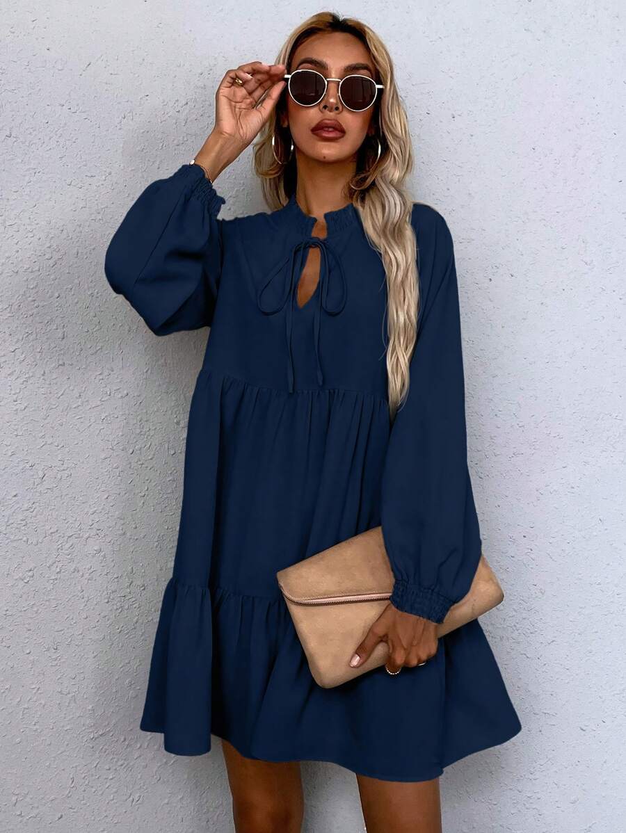 SHEIN LUNE Solid Color Tie Neck Ruffled Hem Casual Loose Long Sleeve ...