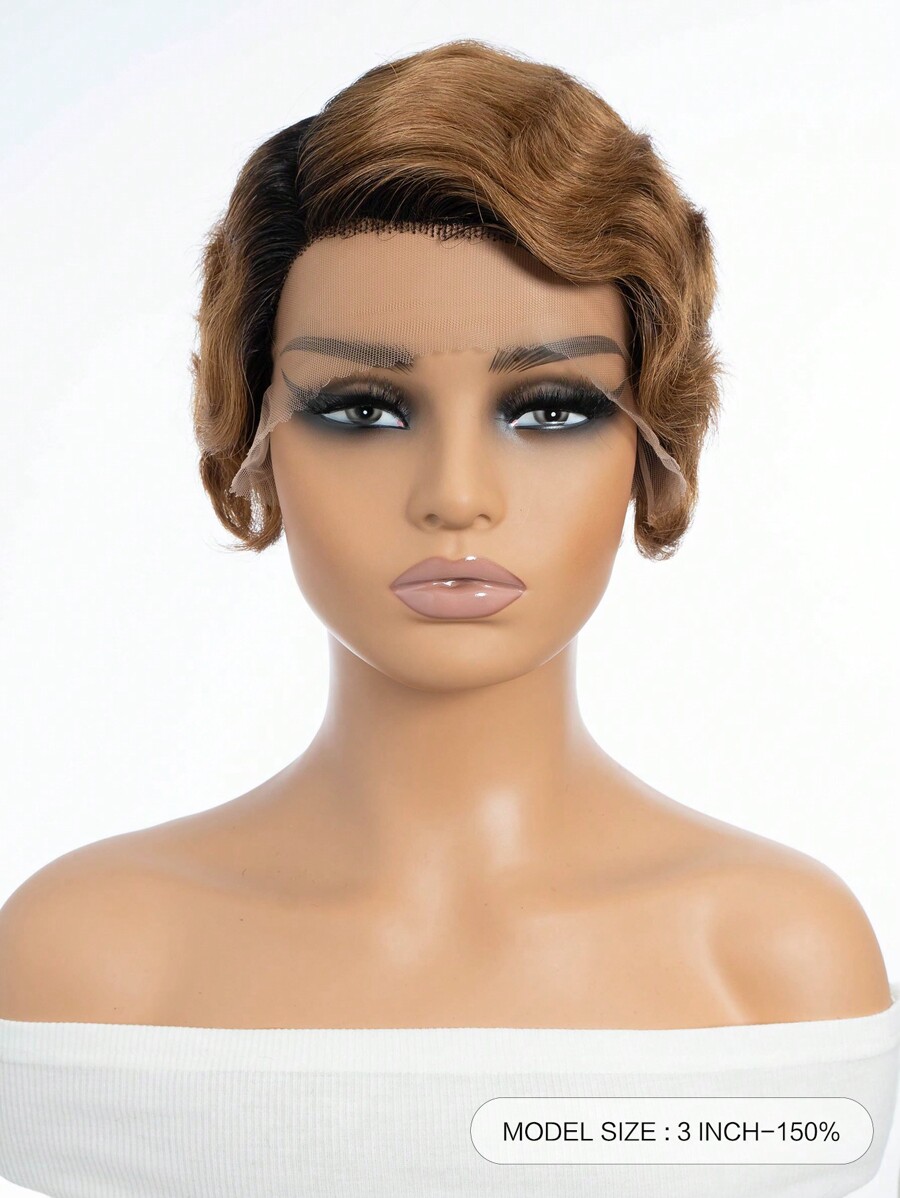 Brown Ombre Pixie Cut Lace Front Wig Human Hair Short Finger Wave Wig ...