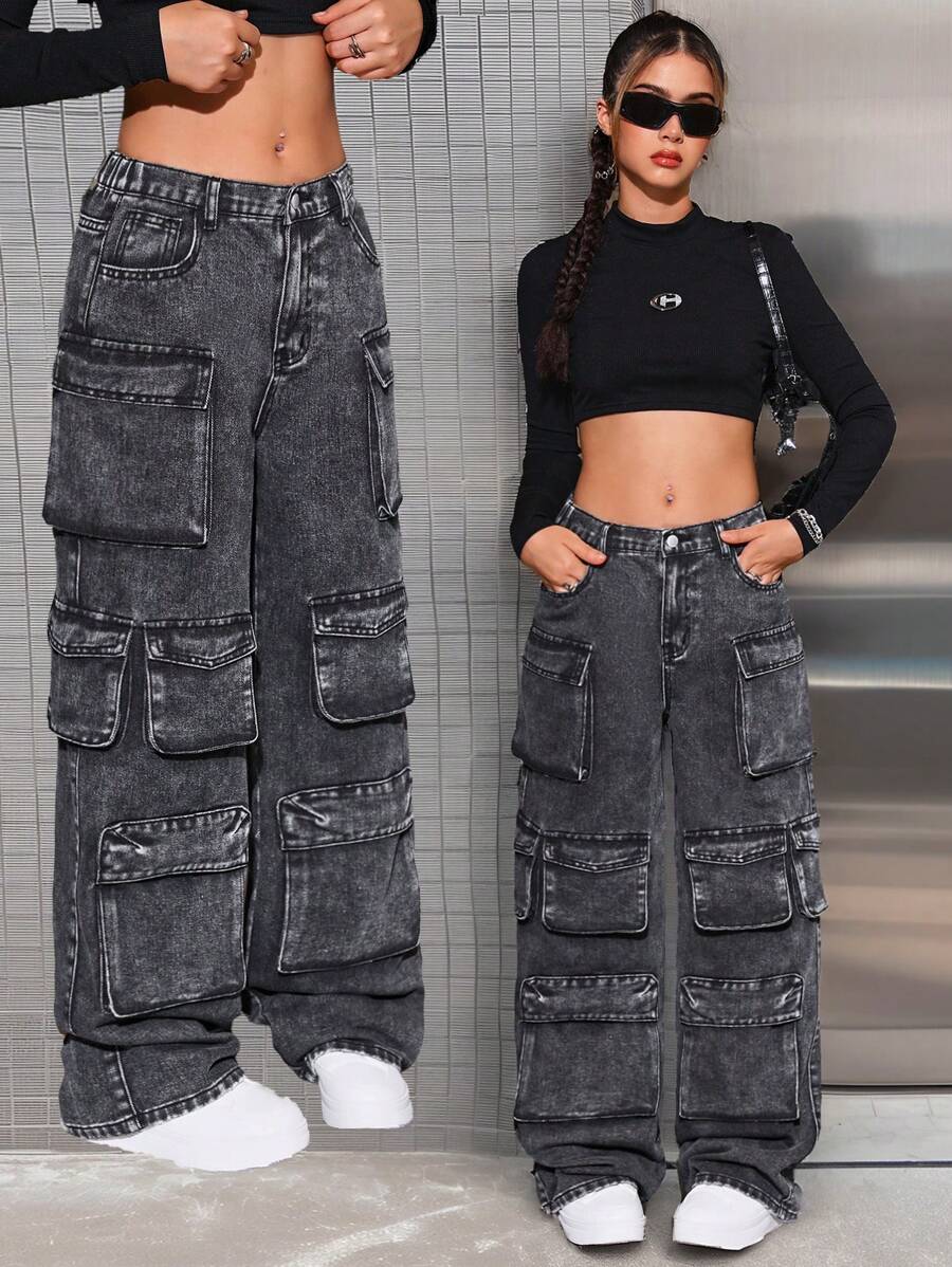 SHEIN Straight Leg Black Denim Cargo Pants For Teen Girls | SHEIN UK