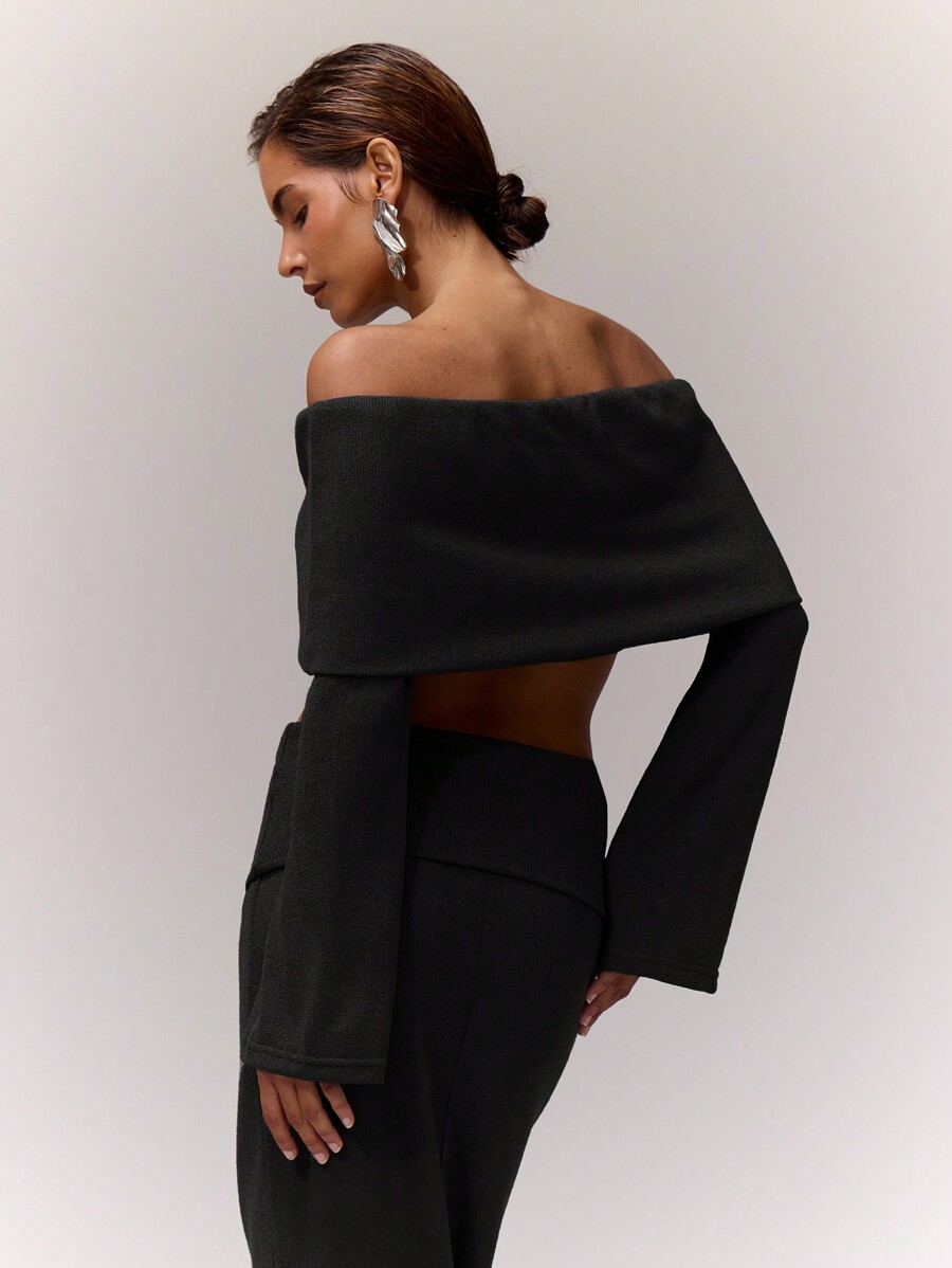 MUSERA Off The Shoulder Fold Over Long Flare Sleeve Top, Winter Black ...