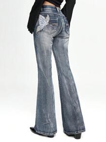 ROMWE Fairycore Y2K Style Skinny Fit Butterfly Embroidery Sexy Distressed Flared Hem Women Jeans ...