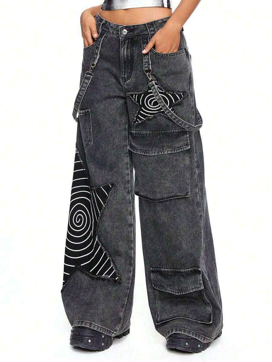 ROMWE Grunge Punk Women Loose Cargo Boy Friend Jeans With Distressed ...