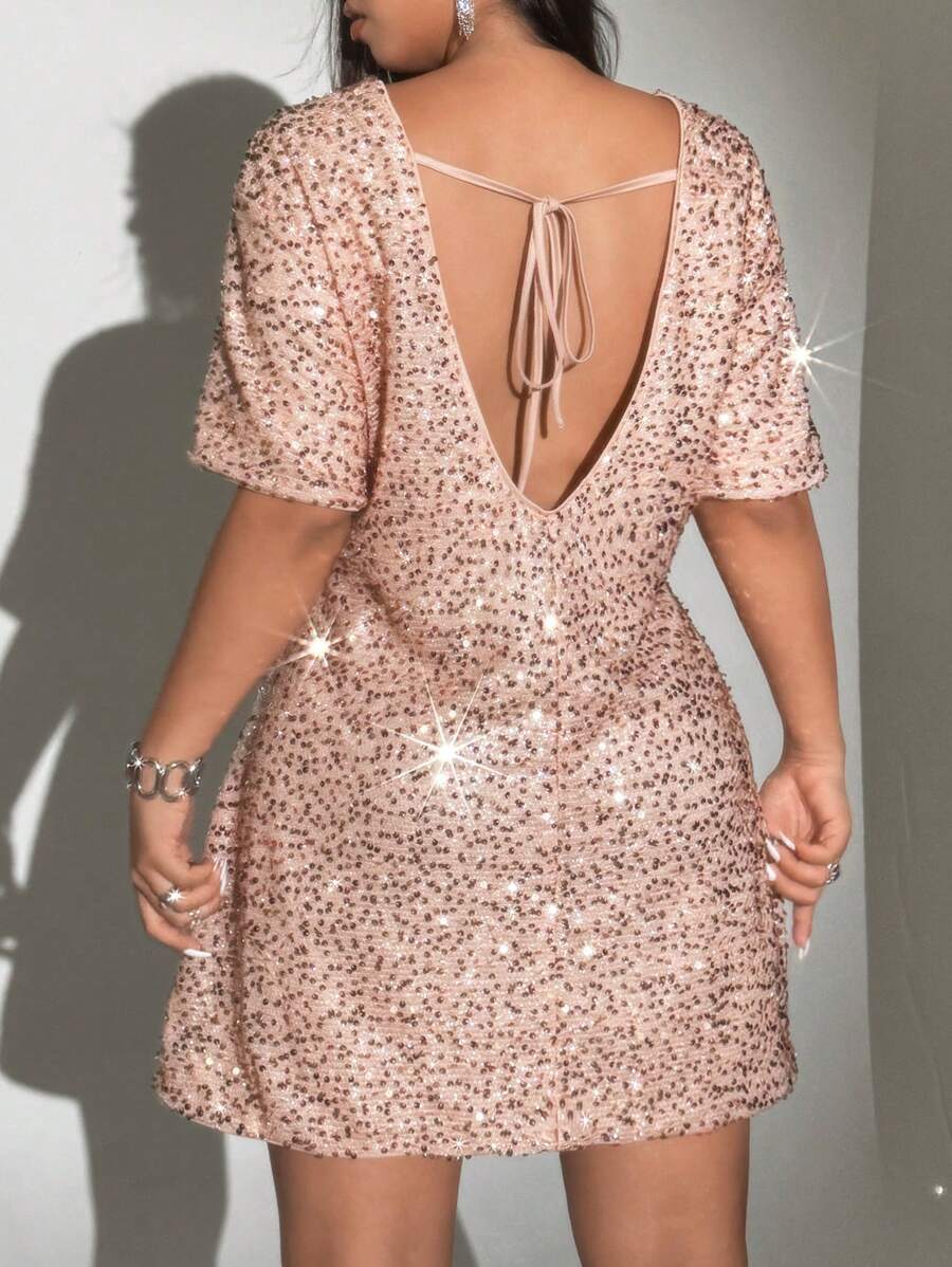 SHEIN Galaire Große Größen Sommer Mode Pailletten Rundhals Rückenfreies Kurzarm Kleid für ...