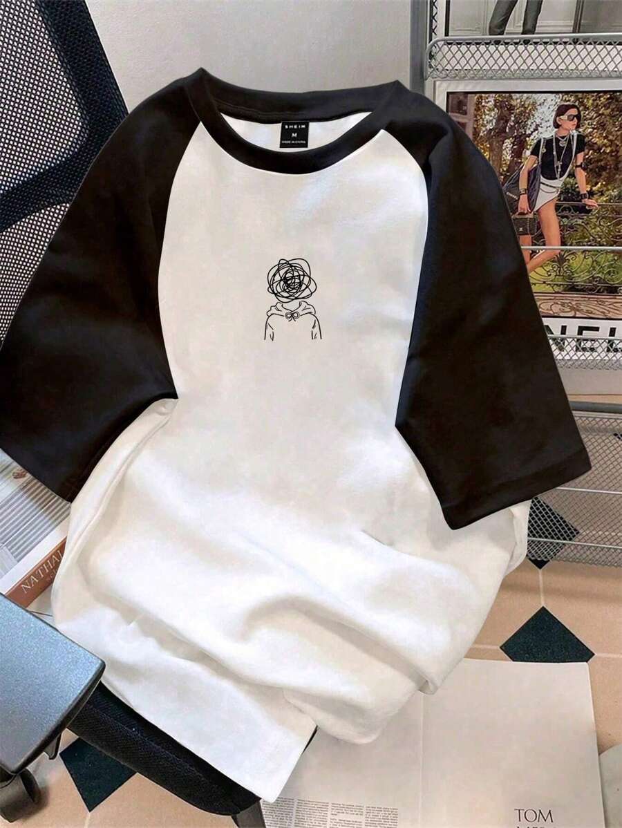SHEIN Essnce Casual Minimalist Hand-Drawn Portrait Graphic Round Neck ...