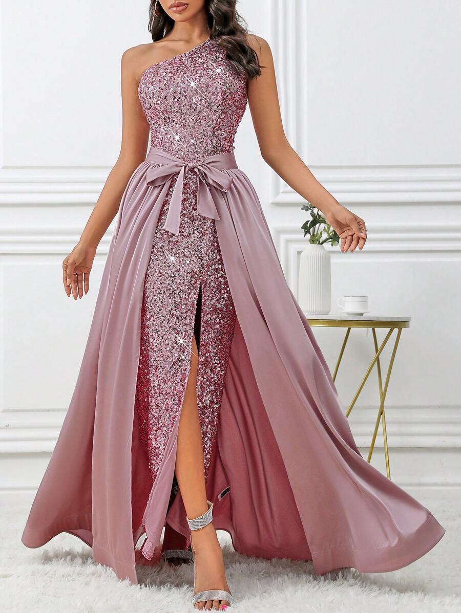 Allurite Women's Sequin Asymmetric Slit Detachable Cape Hem Elegant ...