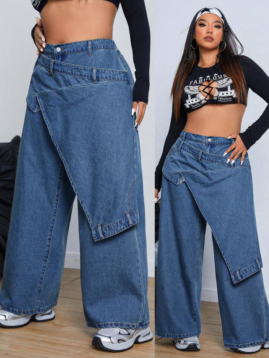SHEIN ICON Plus Size Women Front Covered Loose Wide Leg Casual Jeans ...