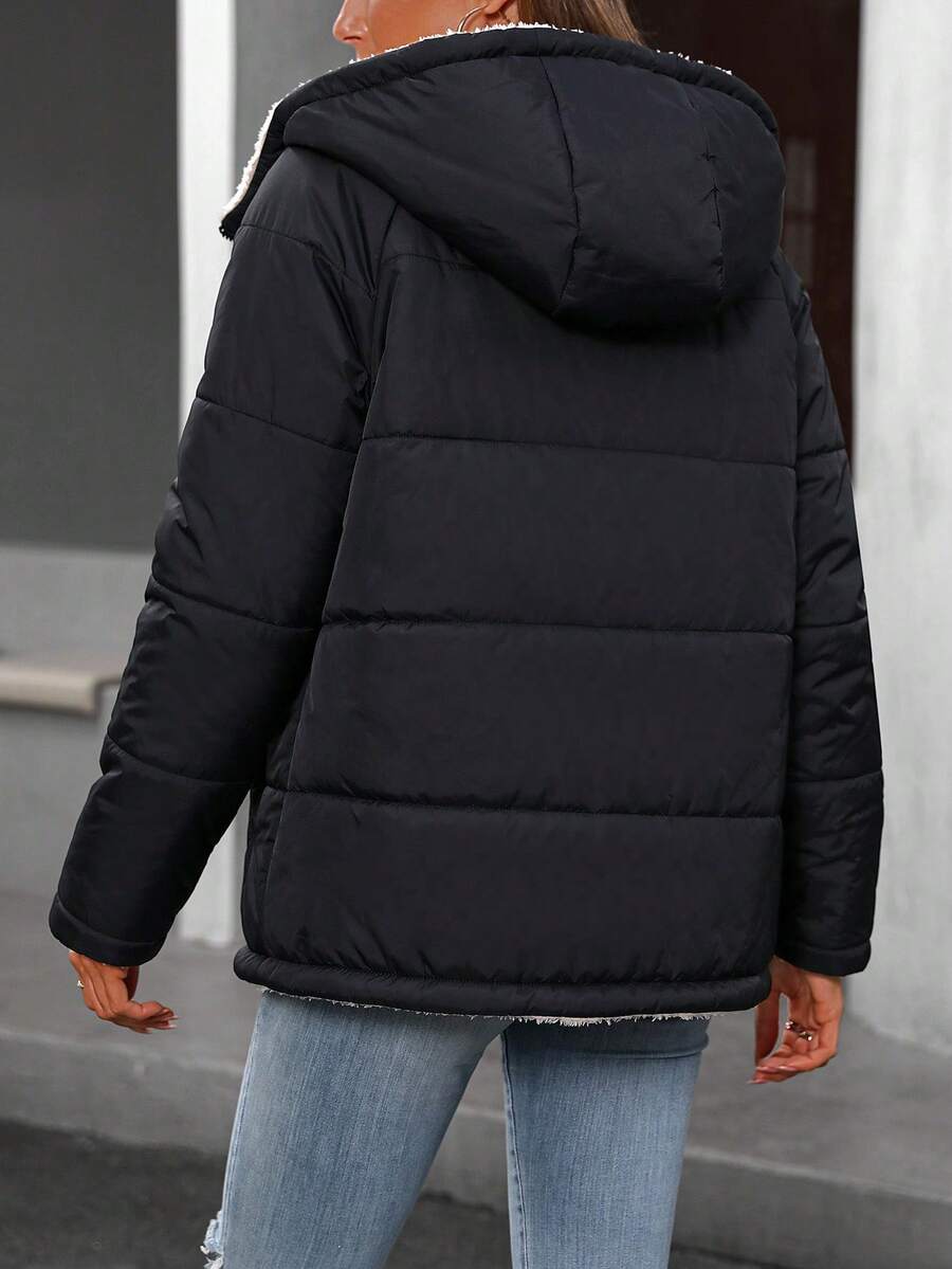 SHEIN LUNE Women's Solid Color Casual Hooded Contrast Fuzzy Reversible Padded Padded Coat ...