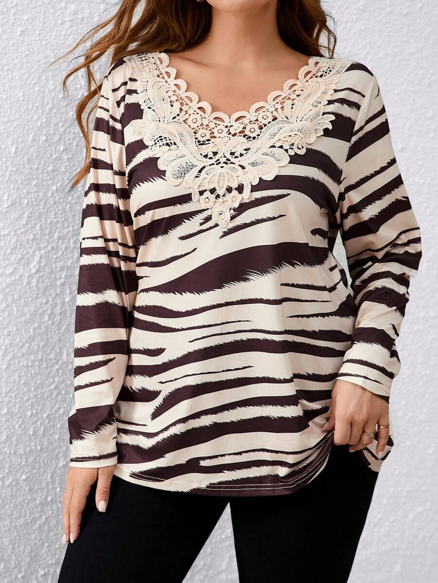 EMERY ROSE Plus Size Zebra Print Lace Patchwork T-Shirt, Casual For ...