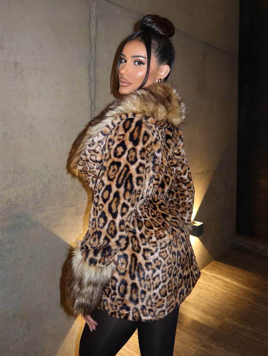 Zolique Women Leopard Print Fluffy Collar Long Sleeve Jacket | SHEIN USA