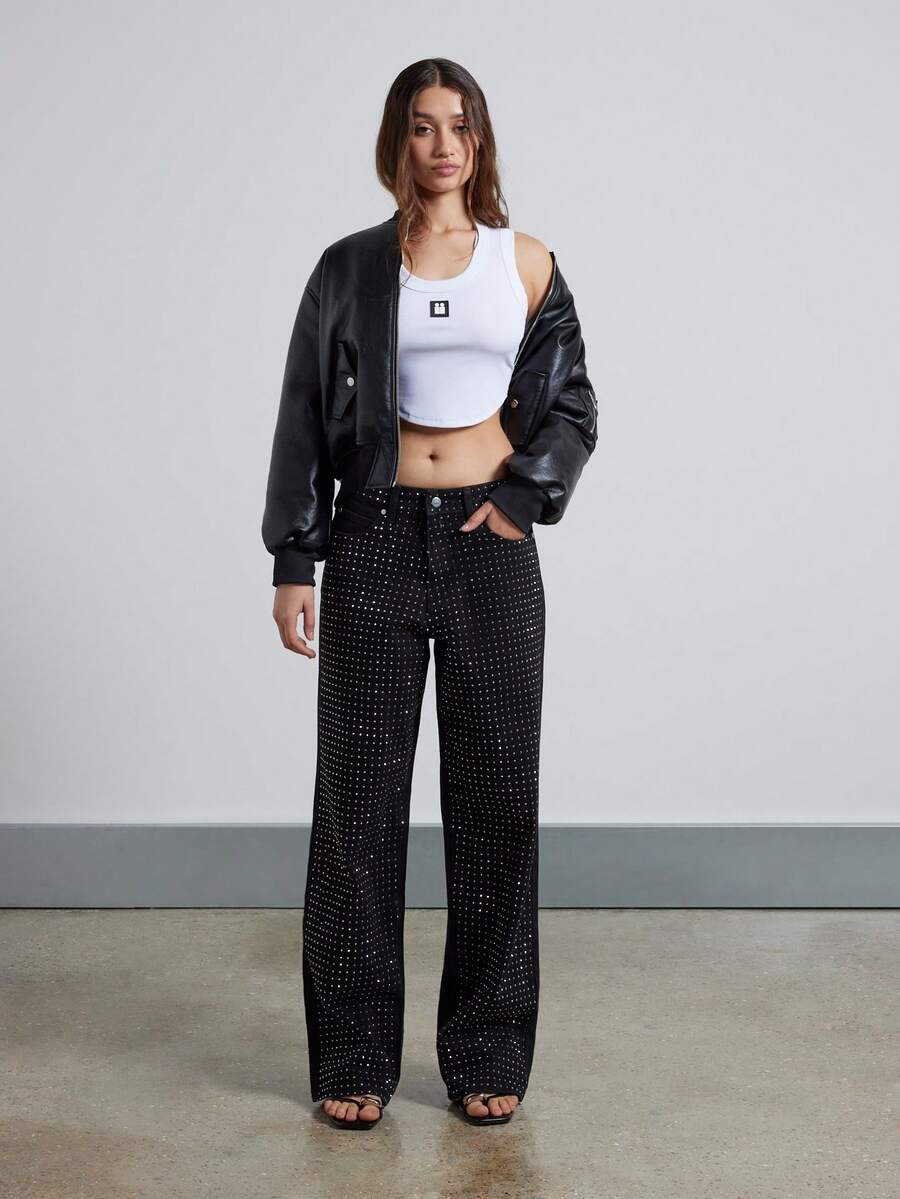 AiiRZ Rave Rhinestone Detail Low Rise Wide Leg Baggy Jeans | SHEIN USA