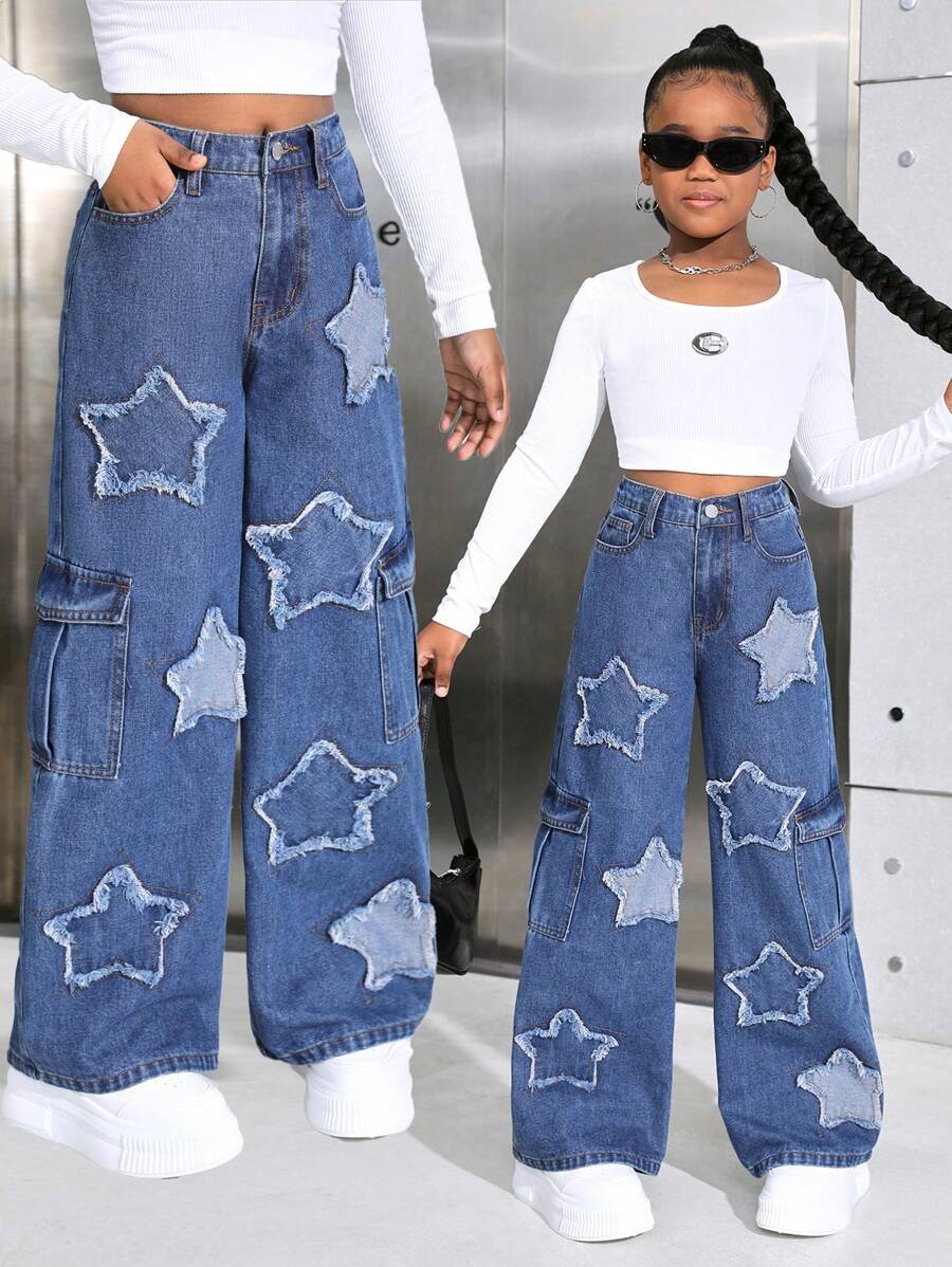 SHEIN Pantalones cargo anchos y sueltos de mezclilla con parches de ...