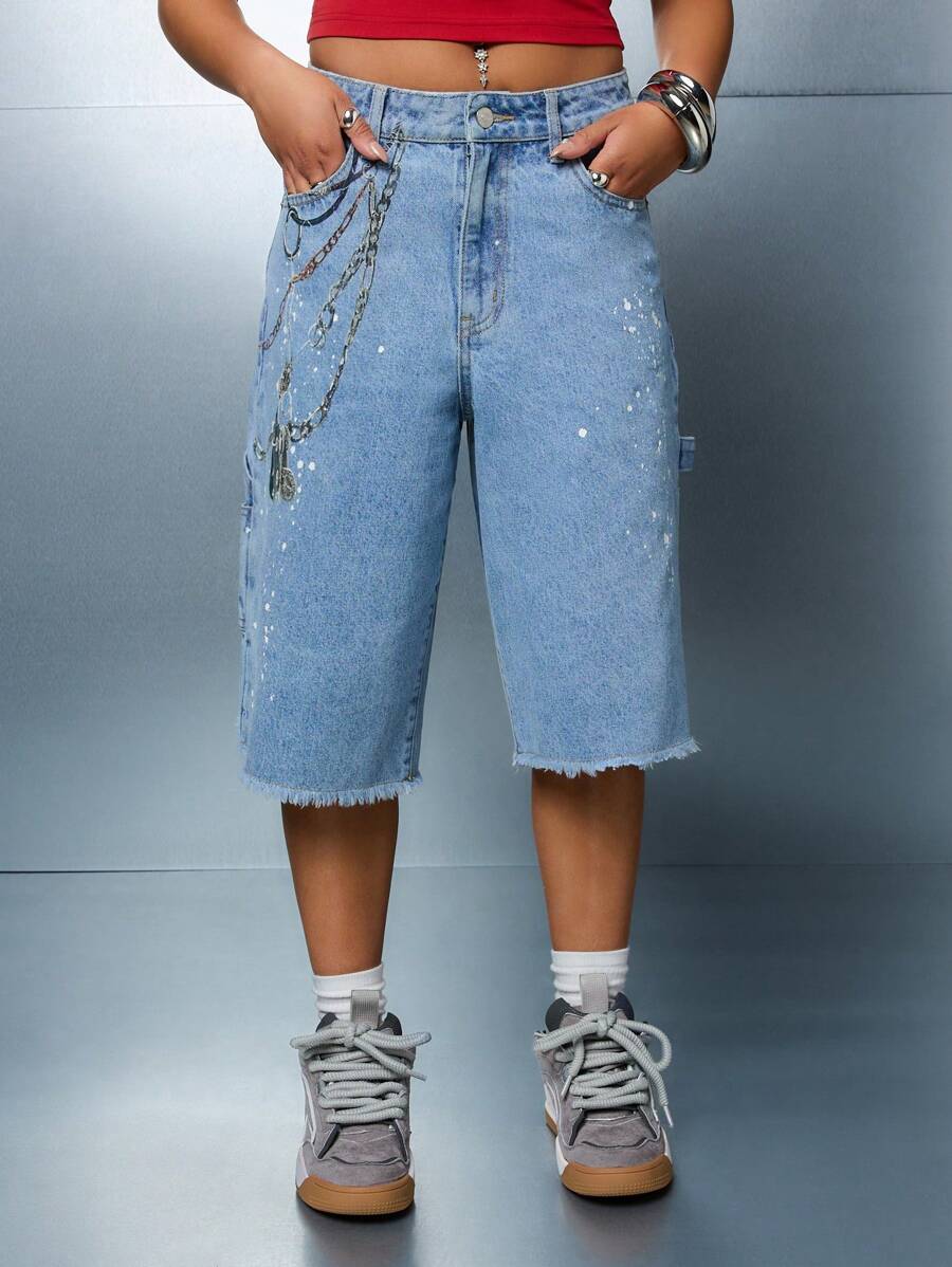 SUMWON WOMEN Distressed Knee Length Denim Jorts Chain Detail High Rise ...
