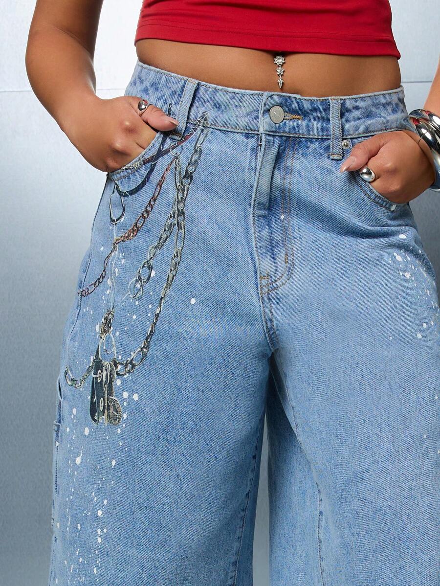 SUMWON WOMEN Wide Leg Chain Print Denim Jorts | SHEIN USA