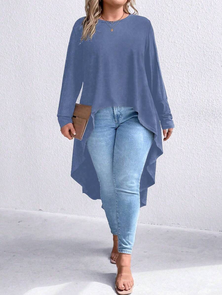 SHEIN LUNE Maglietta casual a maniche lunghe con scollo tondo e orlo ...